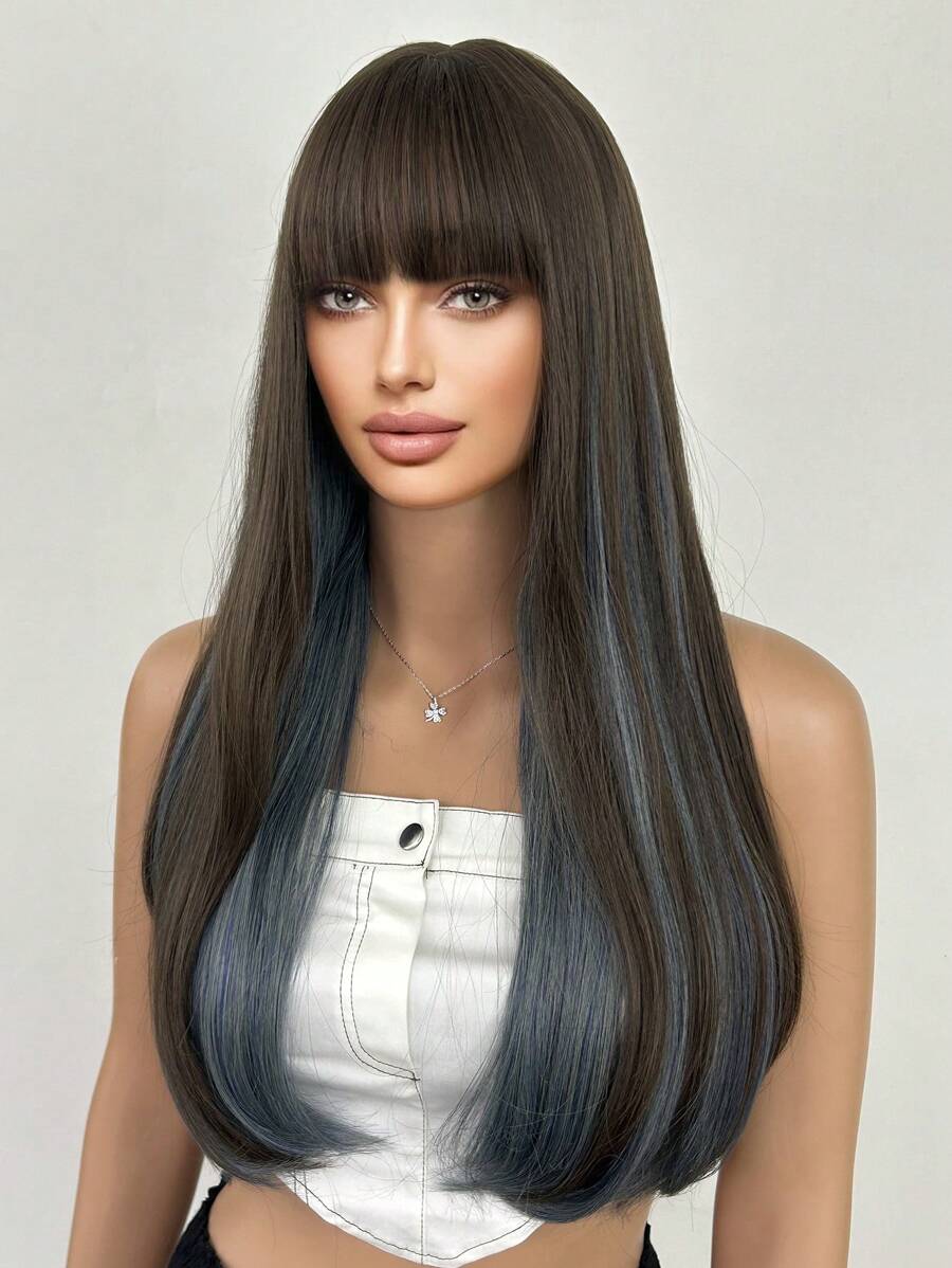 Multi-colored bangs long straight synthetic wigs, women's wigs, cosplay ...