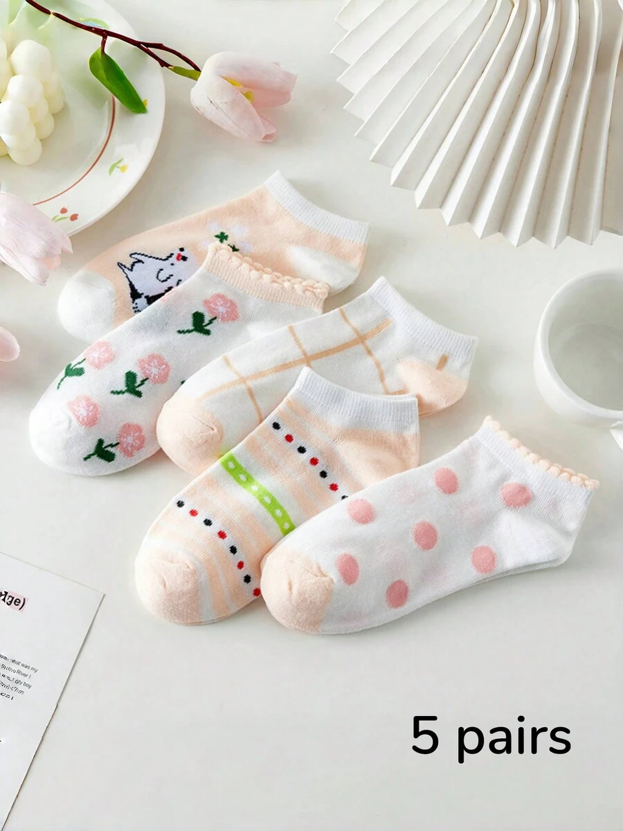 5 Pairs Women Lovely Animal & Garden Patterned Thin & Breathable Socks ...