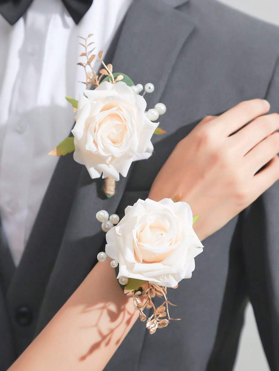 1 Set Of High-End Milk-White Roses With Gold Leaves For Chest And Wrist ...
