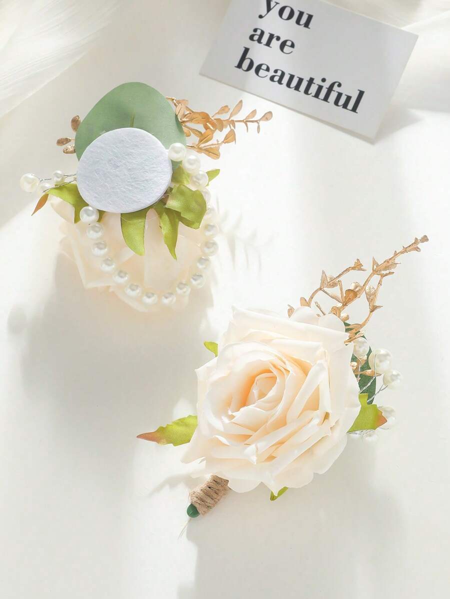 1 Set Of High-End Milk-White Roses With Gold Leaves For Chest And Wrist ...