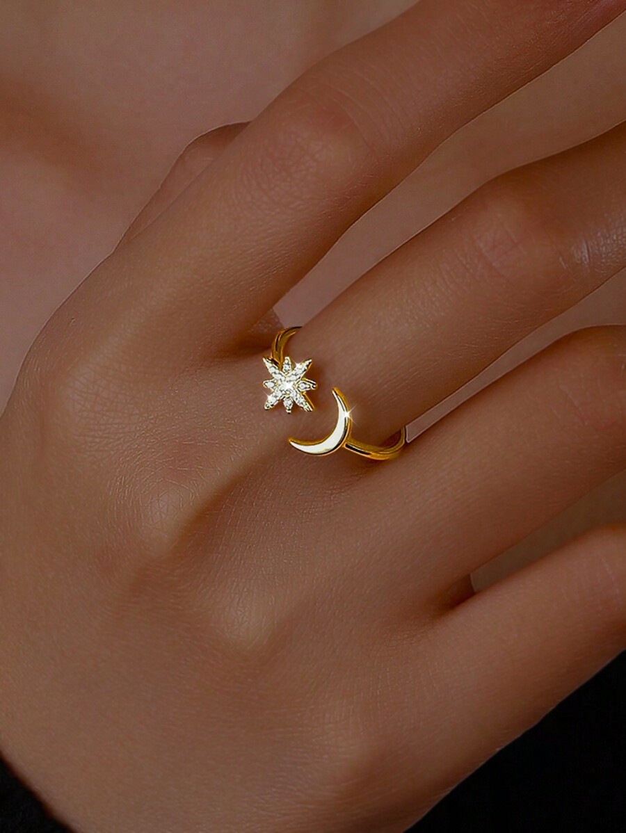 1 pieza Anillo de plata en forma de estrella y luna con circonita cúbica, elegante, sencillo y ...