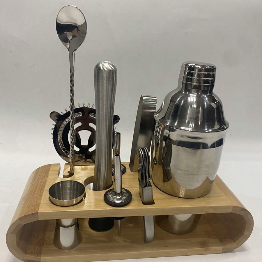 Cocktail Shaker Bar Set With Bamboo Stand And Stainless Steel Bartender ...