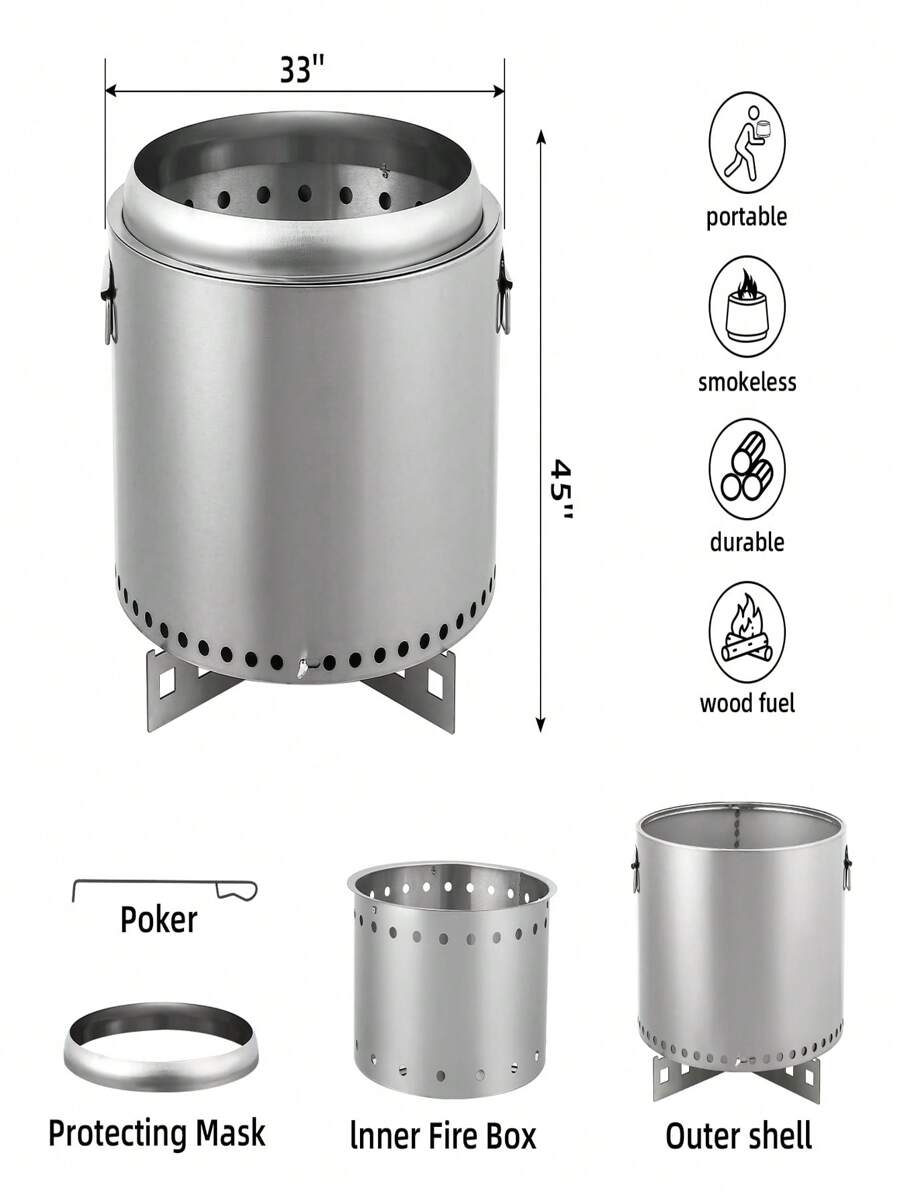 16.5" Low Smoke Outdoor Mini Fire Solo Stove Portable Smokeless Fire ...