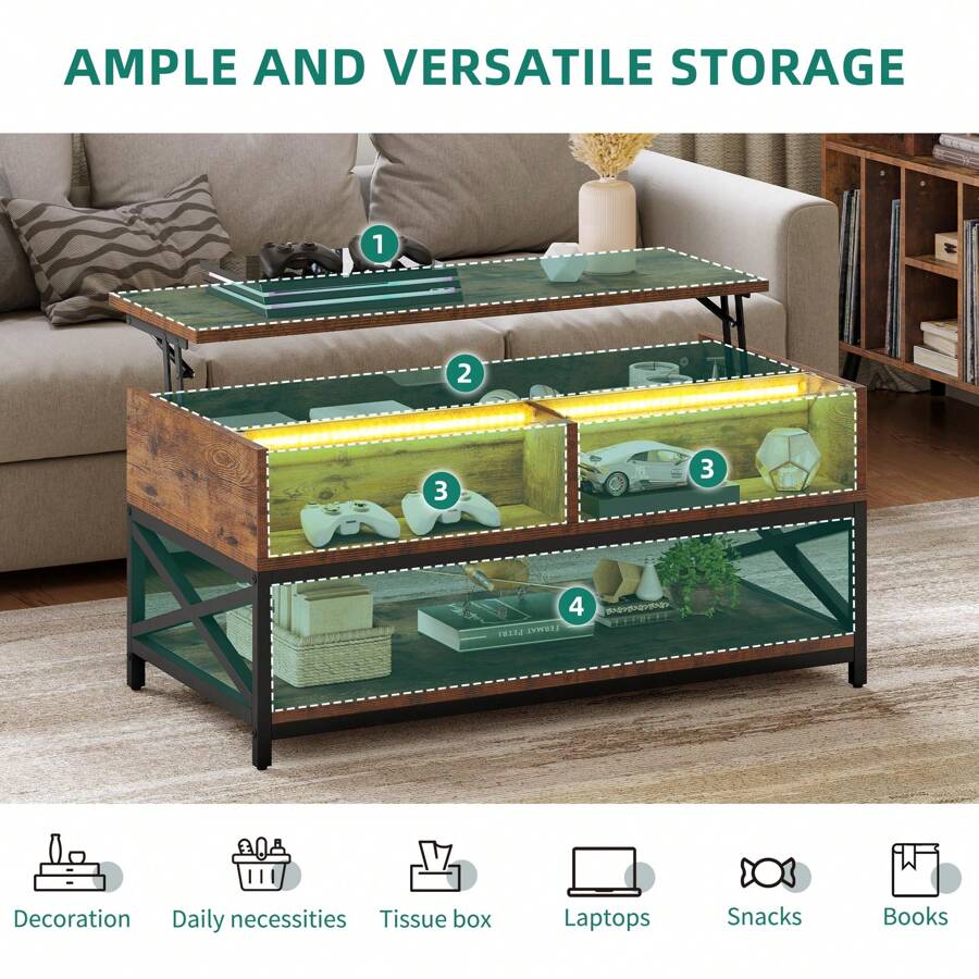 YITAHOME Lift Top LED Coffee Table With Hidden Compartment And Storage ...