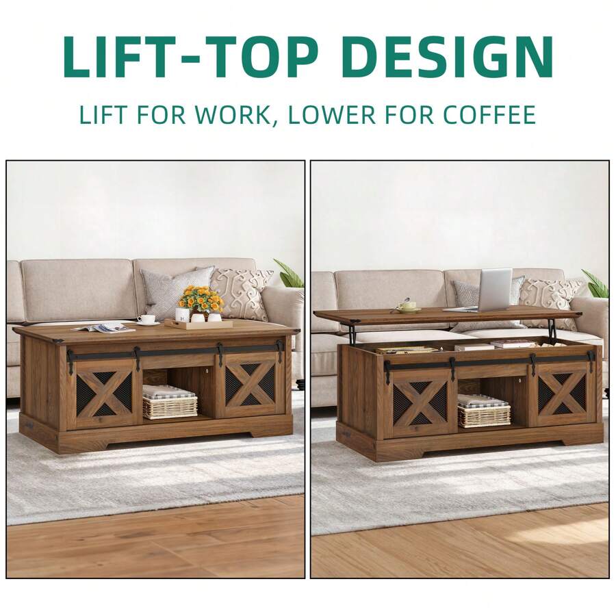 YITAHOME Farmhouse Lift Top Coffee Table With Storage & Sliding Door ...
