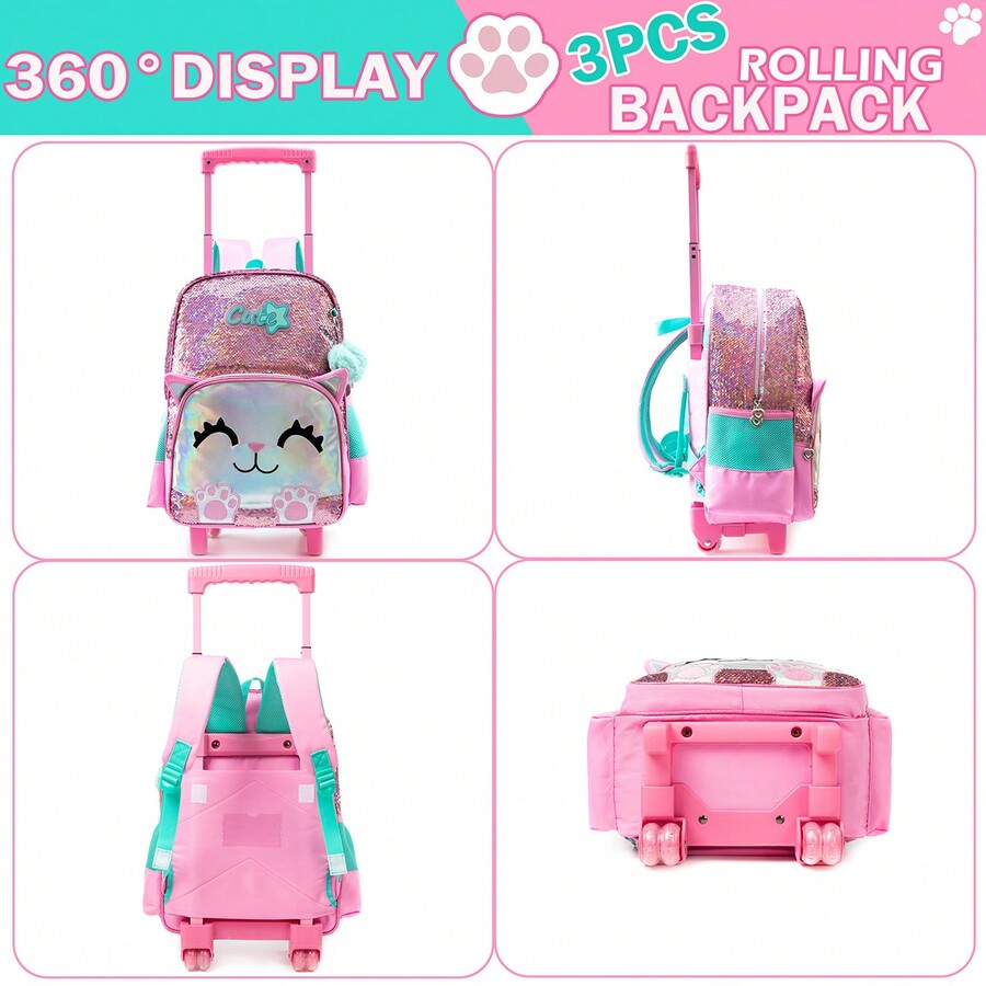 Rolling Backpack For Girls Multi Pocket Mermaid Leather Trolley Bag ...