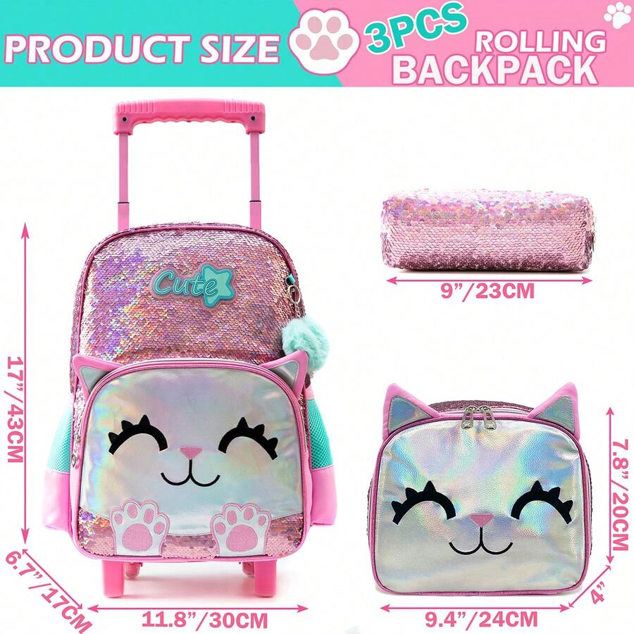 Rolling Backpack For Girls Multi Pocket Mermaid Leather Trolley Bag ...