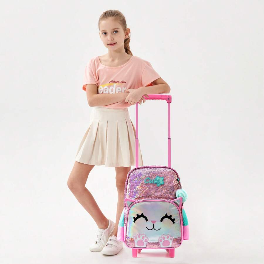 Rolling Backpack For Girls Multi Pocket Mermaid Leather Trolley Bag ...