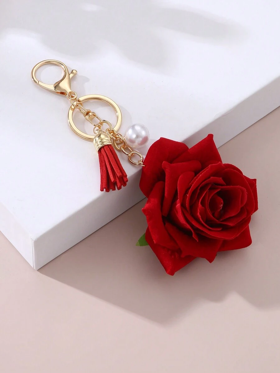 Boho 1pc Women Key Chain With Simulated Fabric Rose, Tassel, And Faux ...