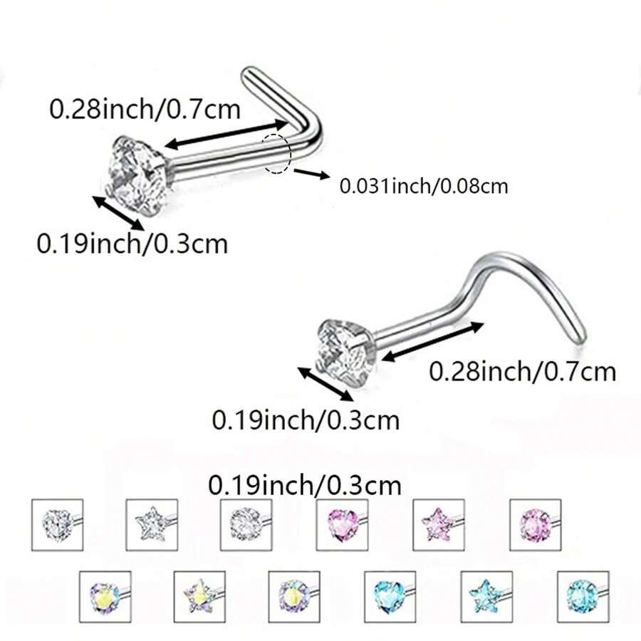 12PCS Stainless Steel Nose Stud Ring Piercing Nose Bone/L Shaped/Nose ...
