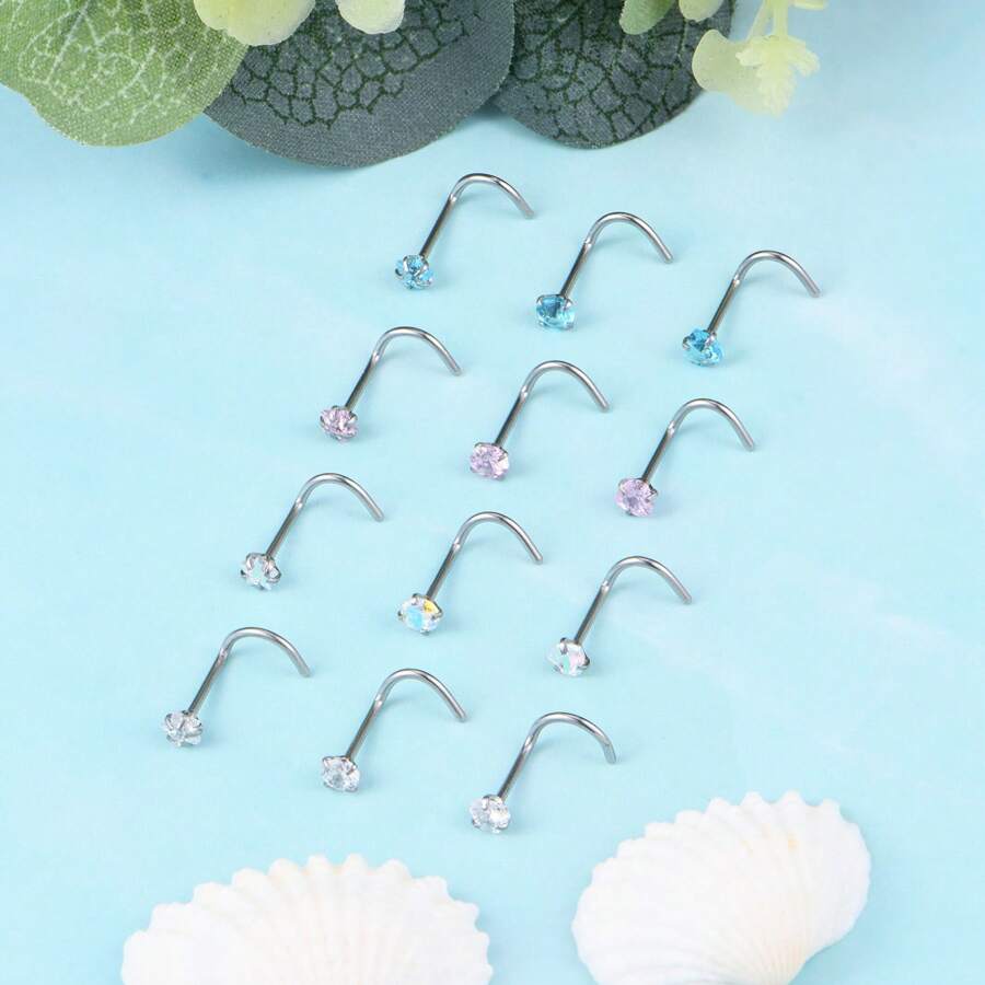 12PCS Stainless Steel Nose Stud Ring Piercing Nose Bone/L Shaped/Nose ...