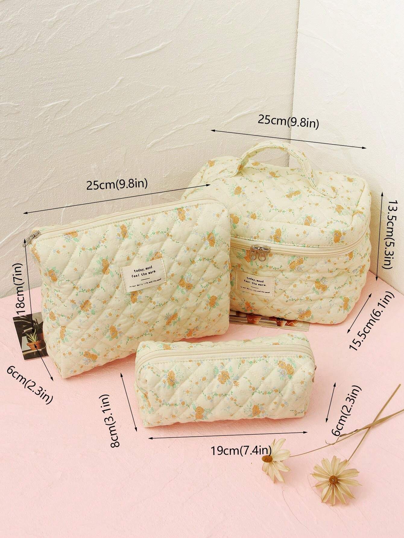 3Pcs/One Set Quilted Makeup Bag Set Floral Makeup Bag In Different ...