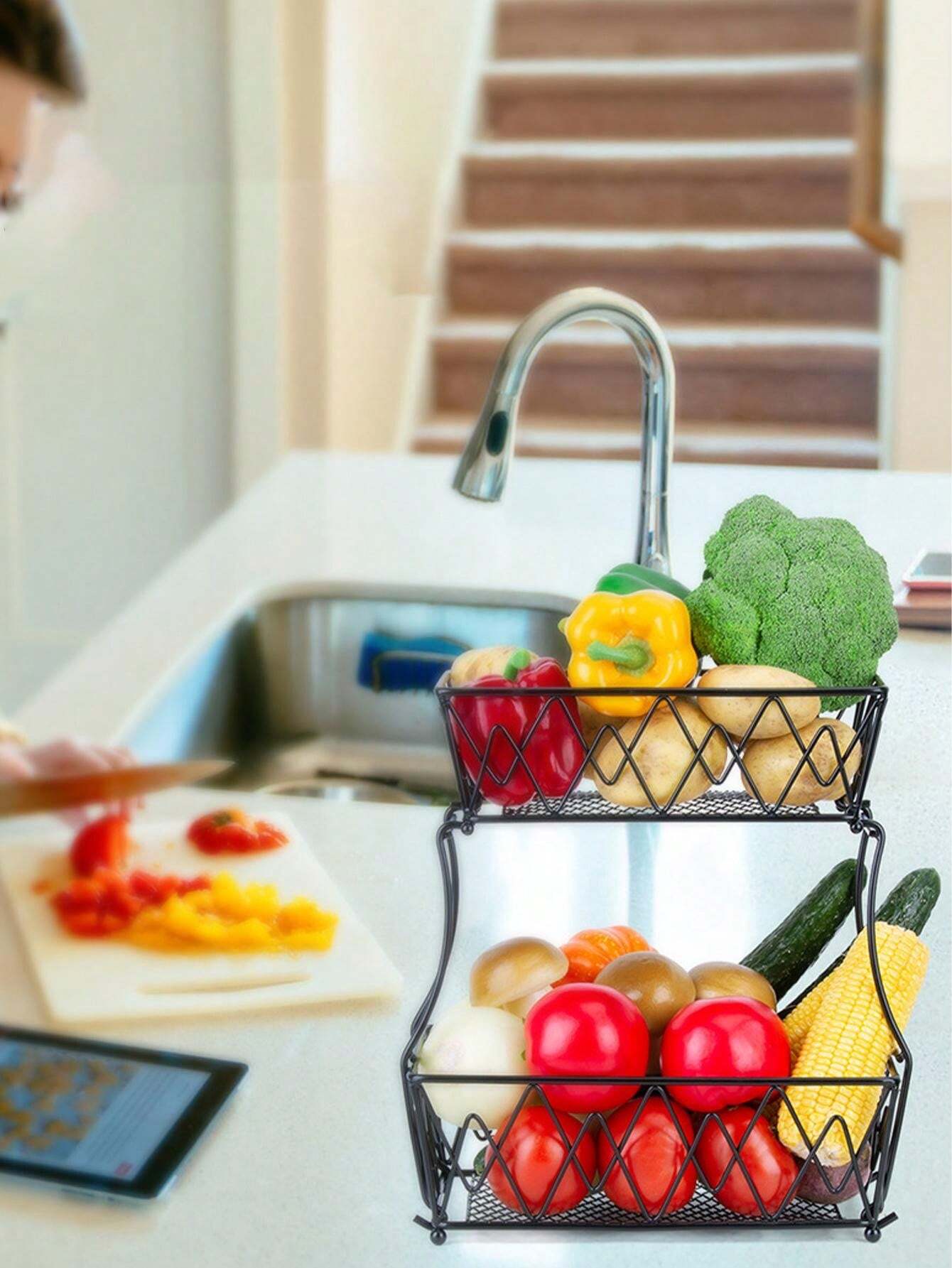 2-Tier Fruit Basket Bowl For Kitchen Counter, Vegetable Countertop ...