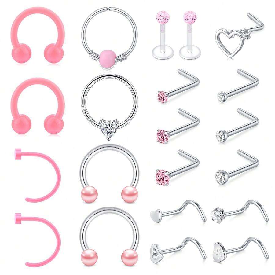 21Pcs Nose Stud Stainless Steel Nose Ring Hoop CZ Heart Nose Piercings ...