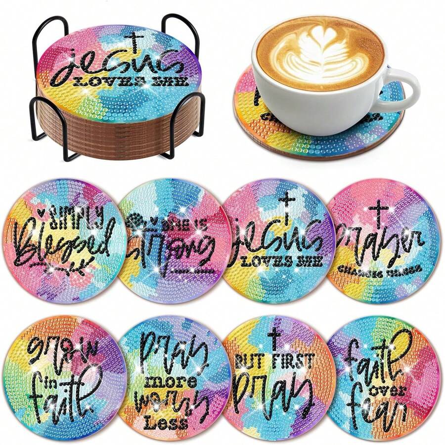 Set Of 8 Diamond Painting Bible Word Art Coasters With Stand & Cork ...