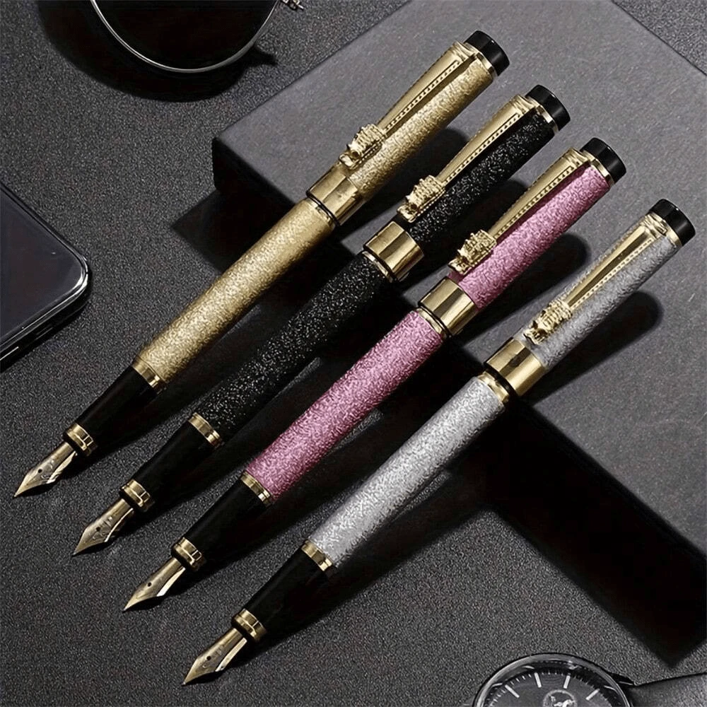 قلم أسود قطعة واحدة مع 10 حبة حبر، قلم حبر اعمال بالمعدن الذهبي المطفي ...