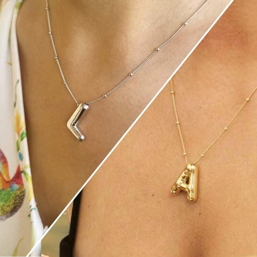 Colar de Letras Bolha Dourado/Prateado de 1 Peça para Mulheres e ...