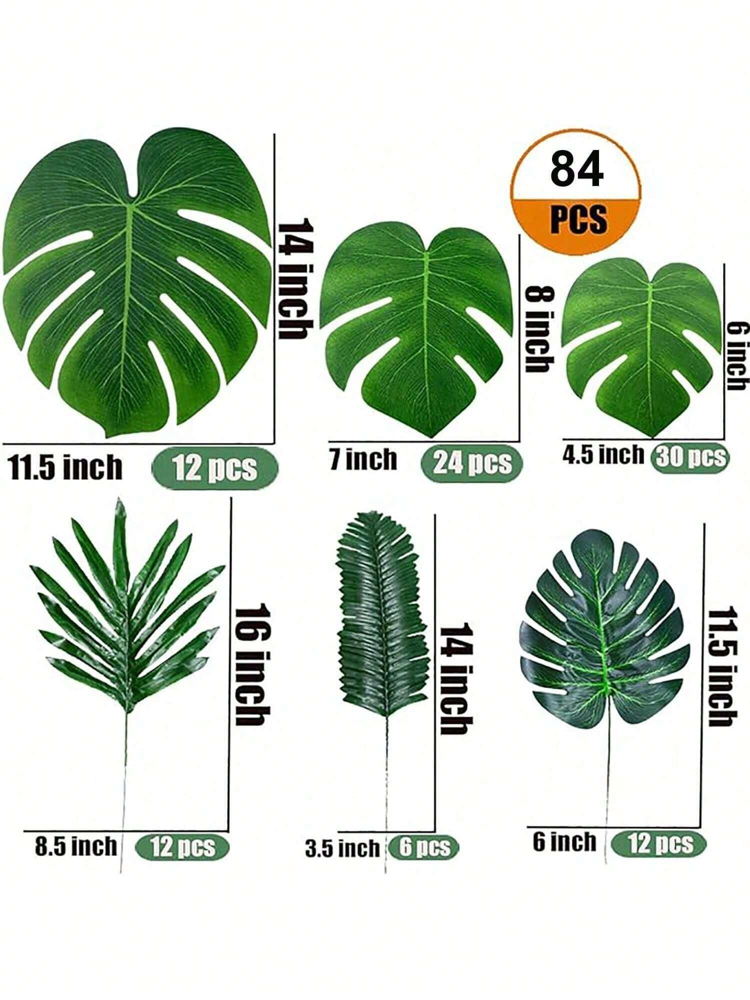 84 Pieces 6 Kinds Of Green Fake Leaves Artificial Palm Leaves With Artificial Stems Tropical ...