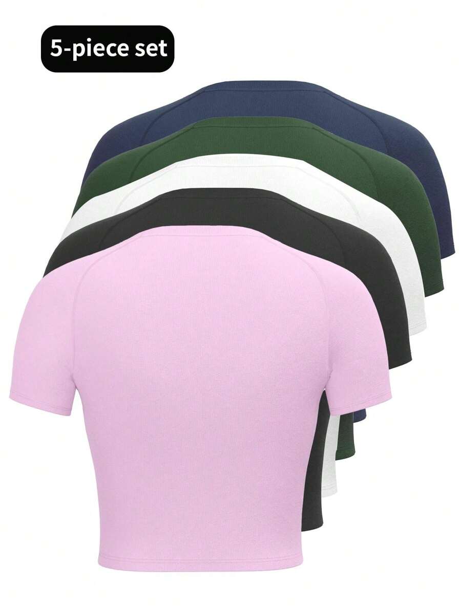 5-Pack Women Sport Compression Tops Round Neck Running Casual Quick Dry ...