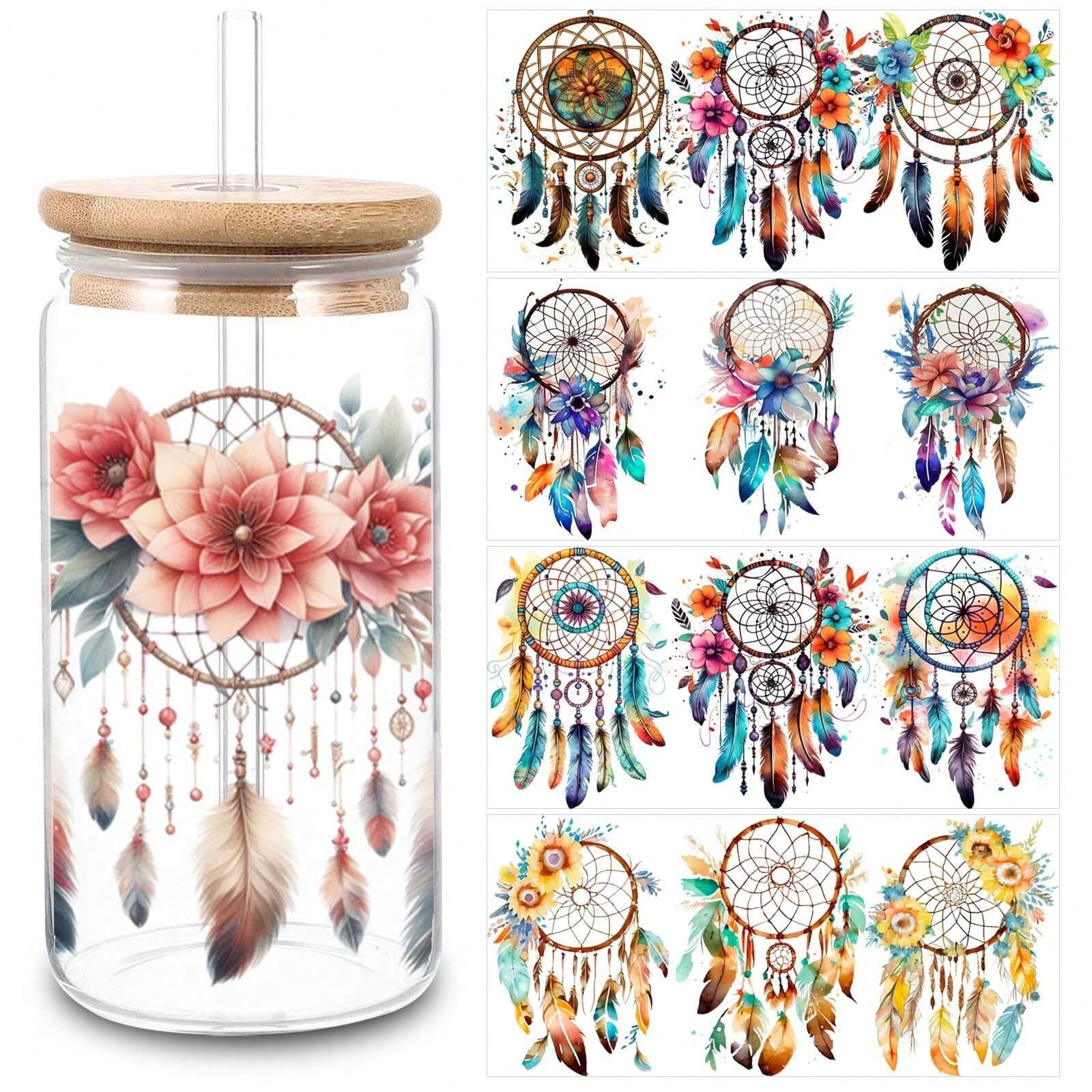 5 Sheets Feathers Bohemian Dream Catcher UV DTF Cup Stickers, Glass ...