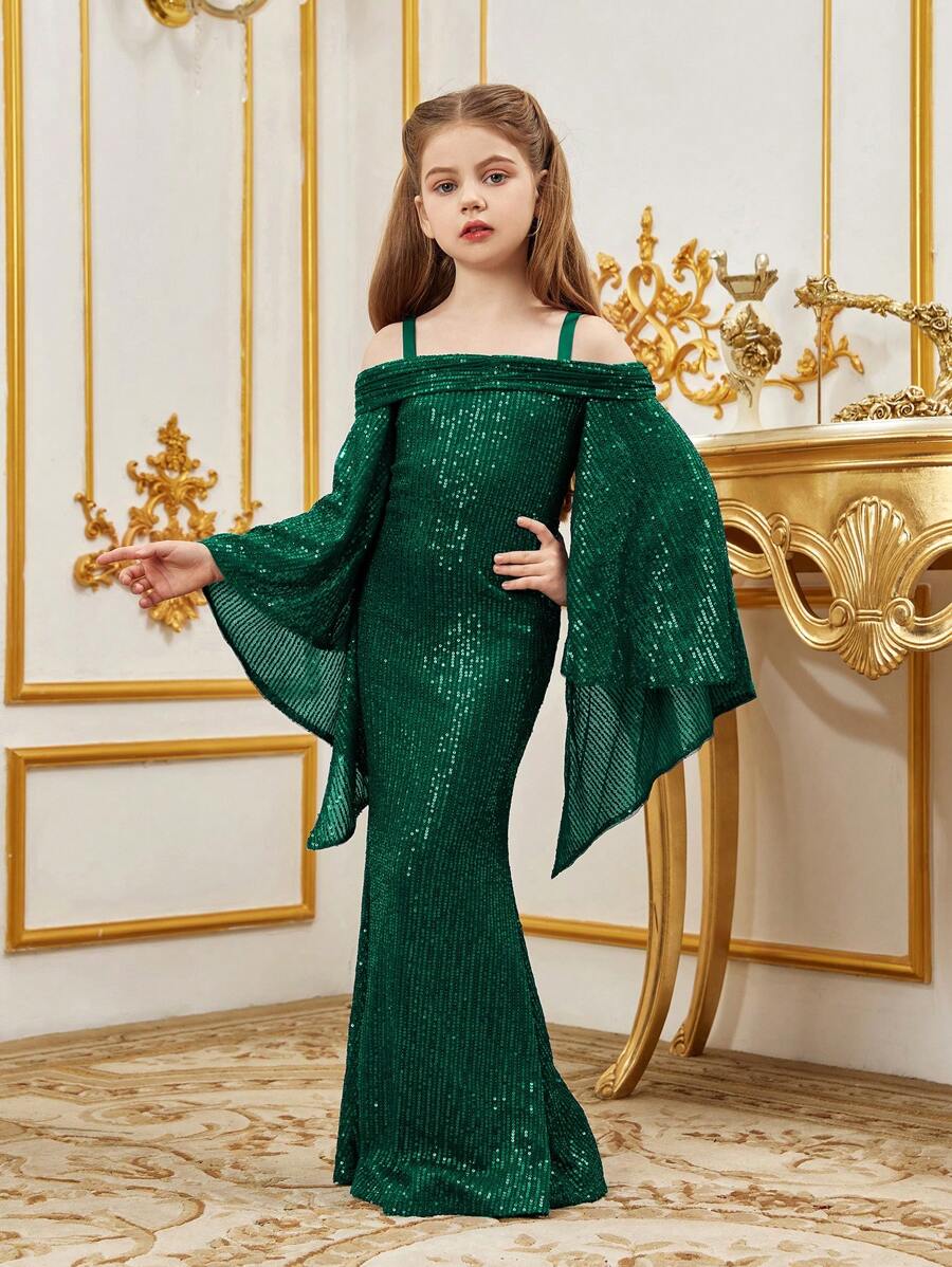 Robe de soirée à manches évasées à sequins sirène pour fillette pré ...