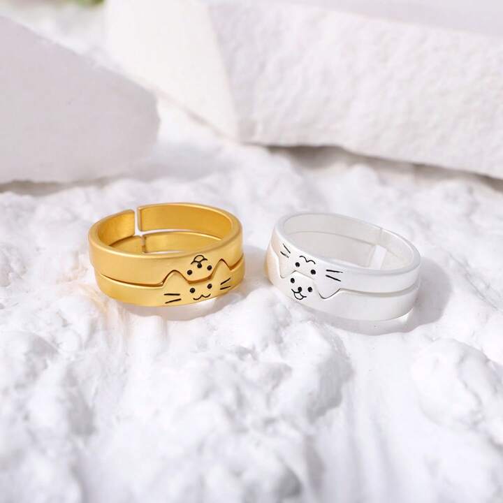 1pair Stylish New Cute Cat Couple Rings Suitable For Daily Wear And Gift Giving SHEIN USA