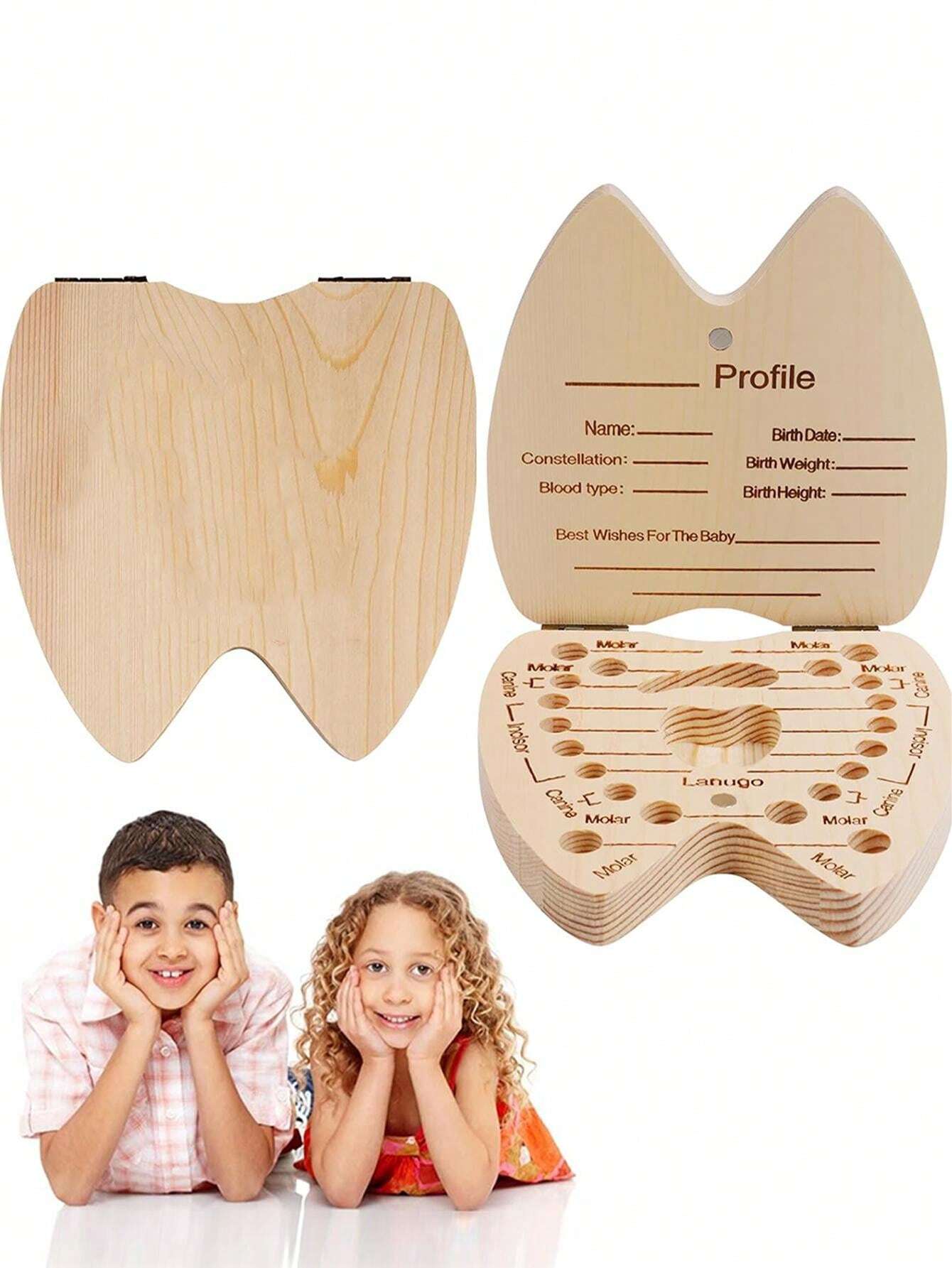 1pc Baby Tooth Box English Wooden Boys Girls Deciduous Teeth Storage ...