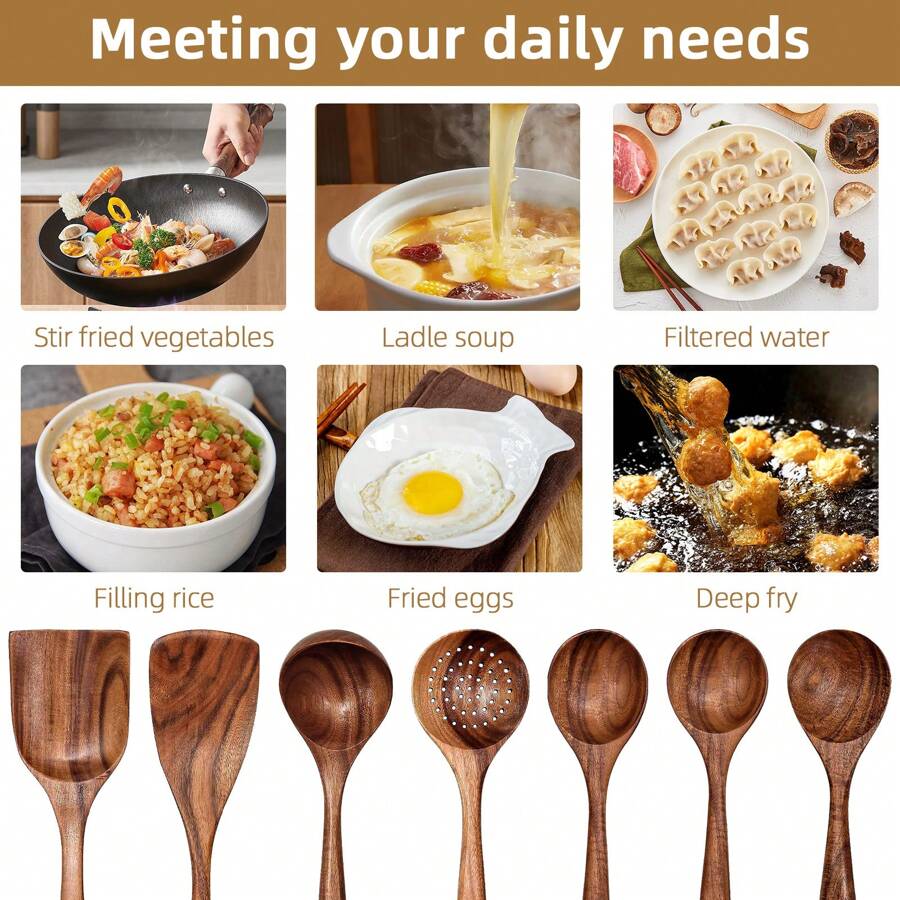 7-Piece Wooden Cooking Spoon Set - Smooth Natural Wood Cooking Utensils ...