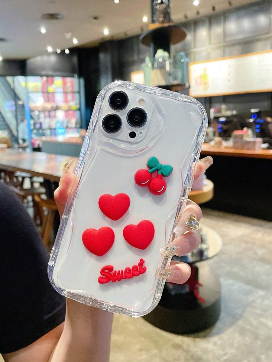 1pc 3D Triple Red Heart & Cherry On Transparent Creamy Pattern Phone ...