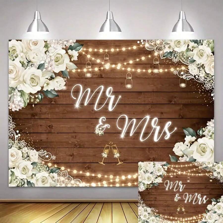 1pc, White Floral Mr And Mrs Engagement Backdrop Decor, Vinyl Couple ...
