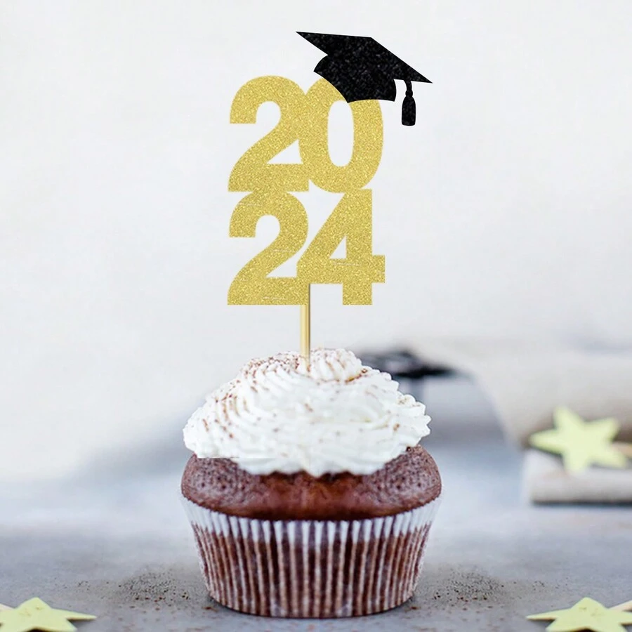 12PCS 2024 Graduação Tema Cupcake Toppers Glitter Graduation Cap ...