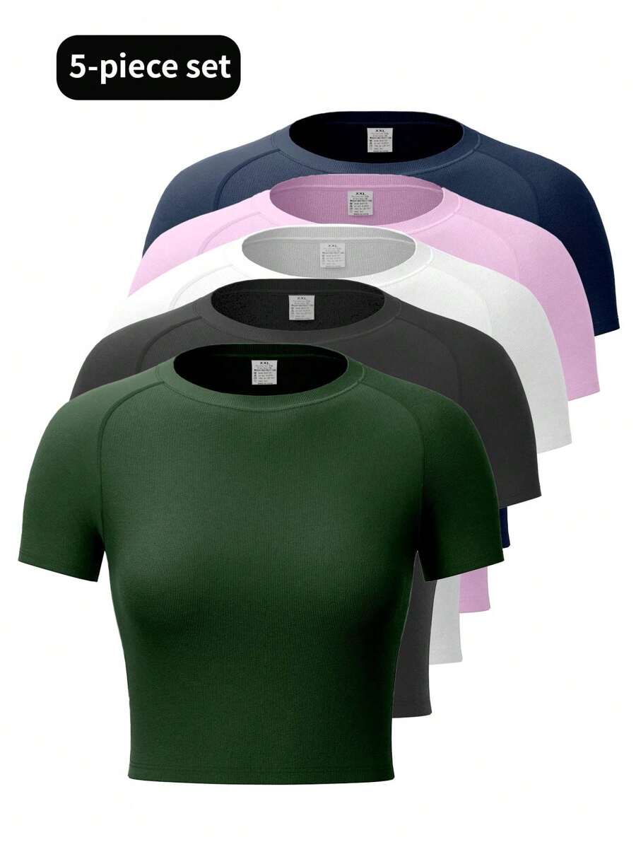 5-Pack Women Sport Compression Tops Round Neck Running Casual Quick Dry ...