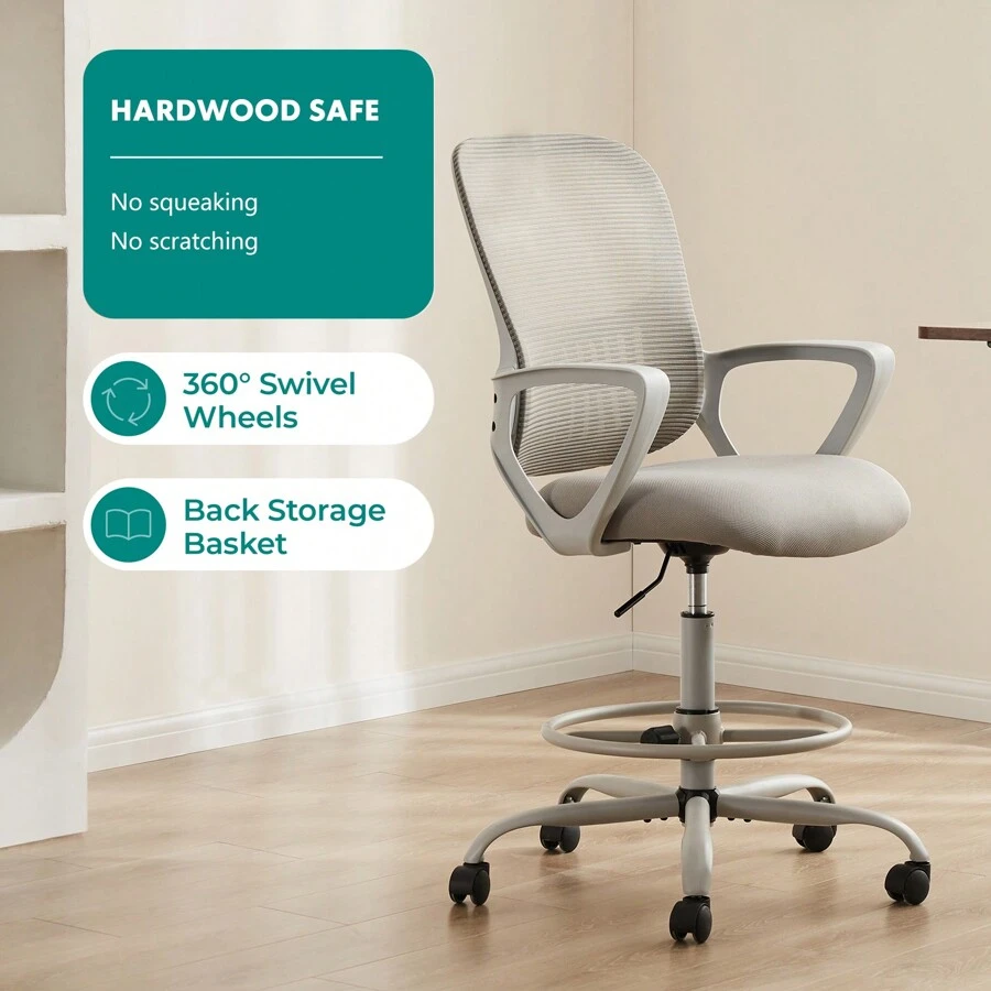 Tall Drafting Chair With Armrests, Adjustable Footrest Ring, Ergonomic ...