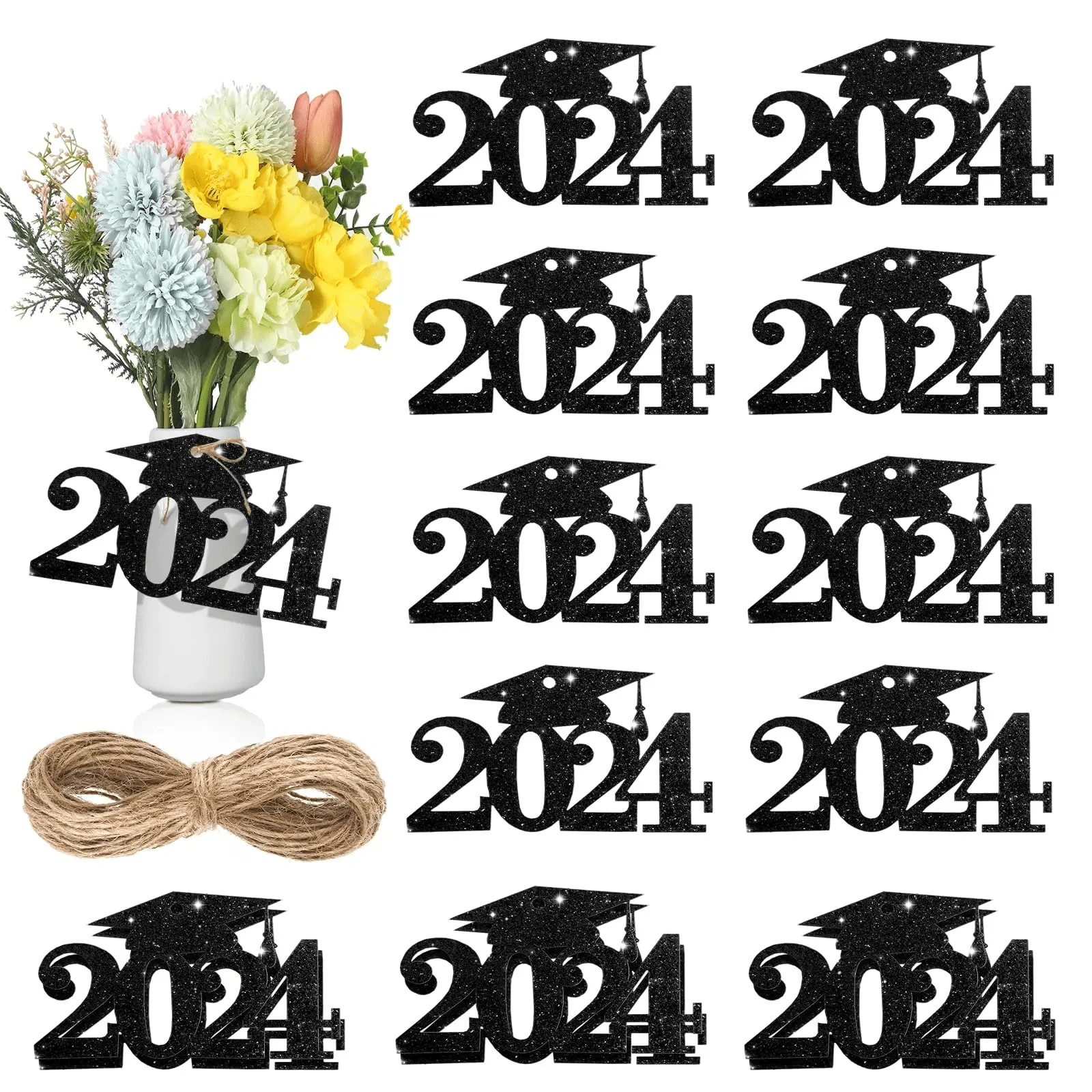 24pcs 2024 Glitter Cutouts Tags ,Graduation Cap Decorations ,2024 ...