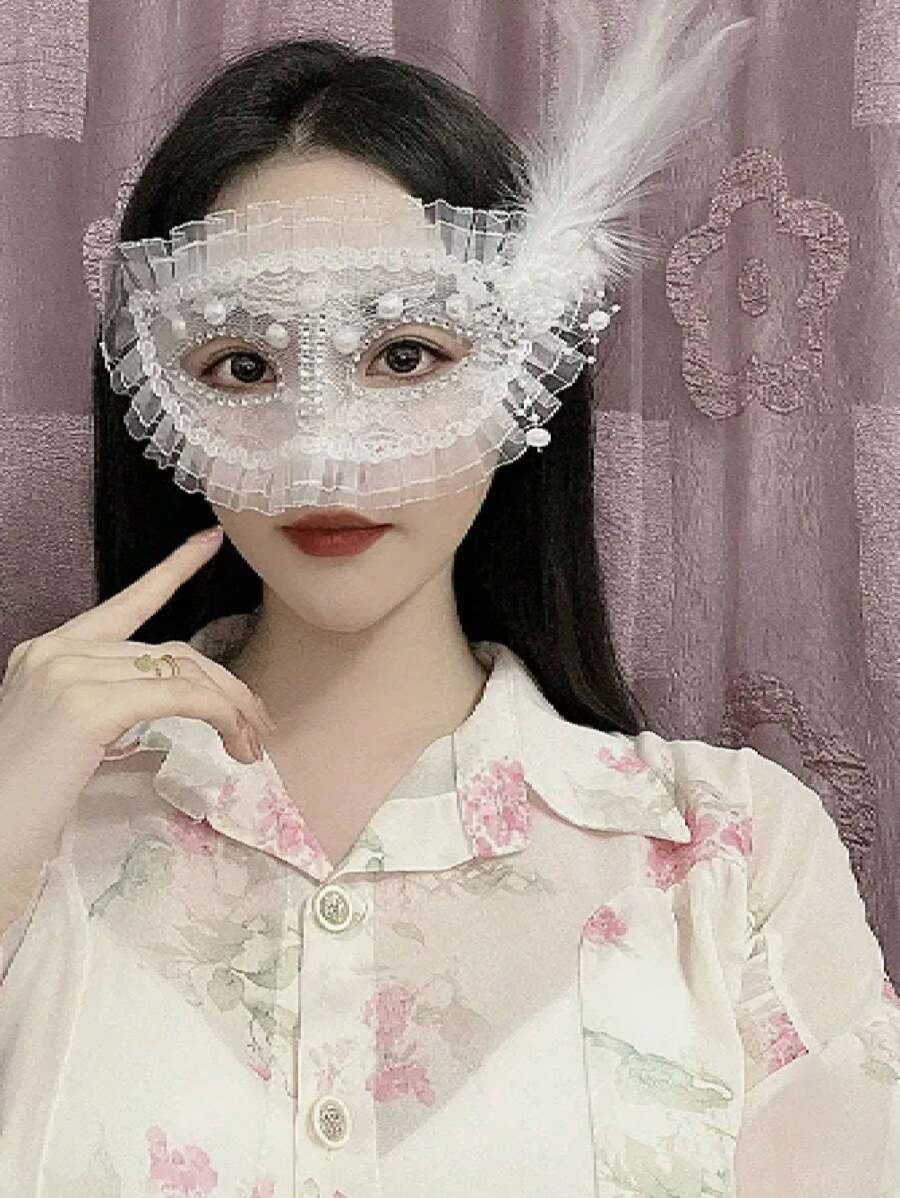Party Pearl & Feather Mask For Festival Party, Lace Masquerade Mask For ...