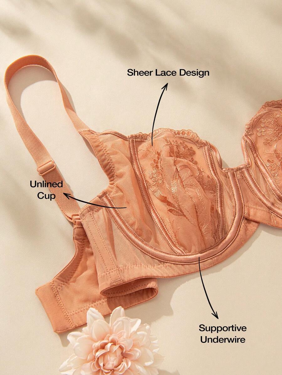 Wingslove Women's Sheer Mesh Balconette Sexy Lace Bra Unlined Bras Underwire Embroidered | SHEIN USA