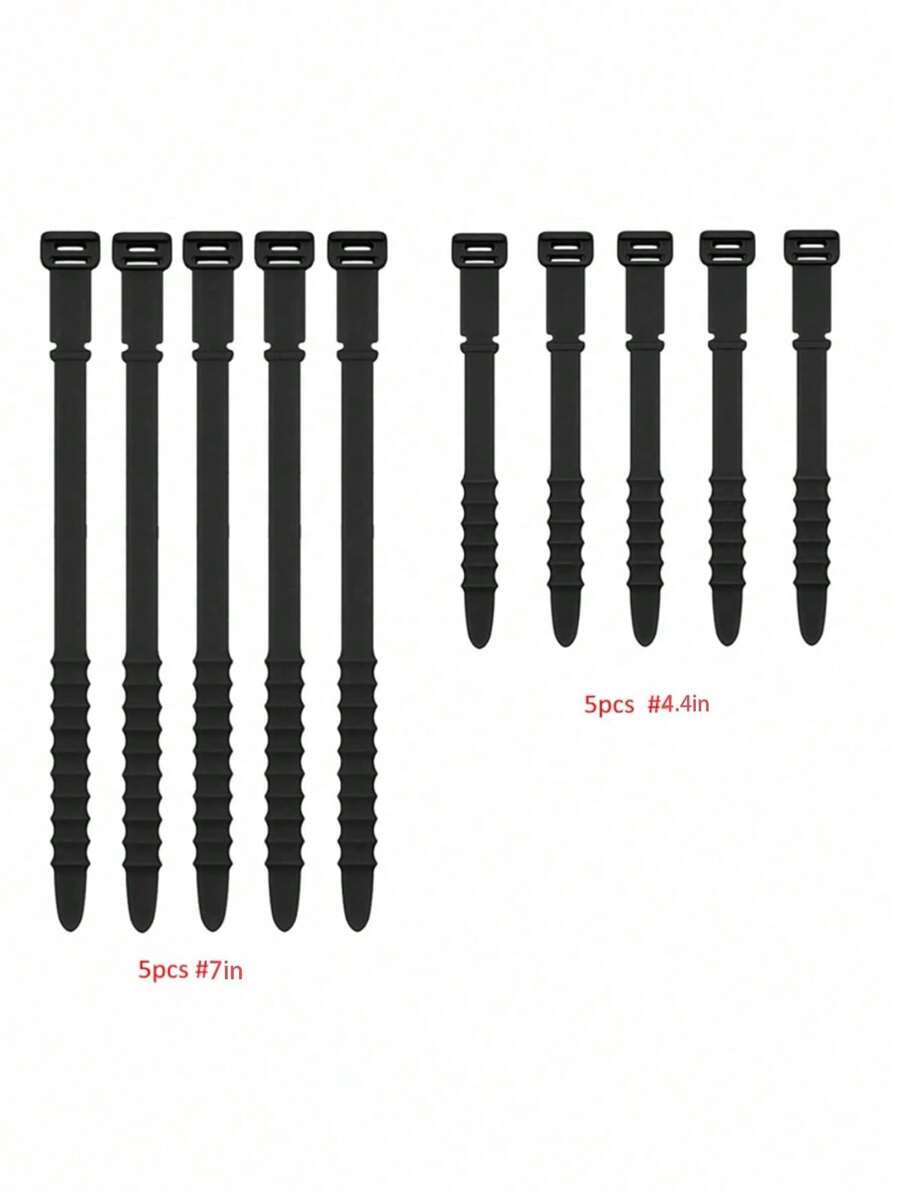 5 Long + 5 Short Black Silicone Fishbone Cable Ties, Cord Organizers ...