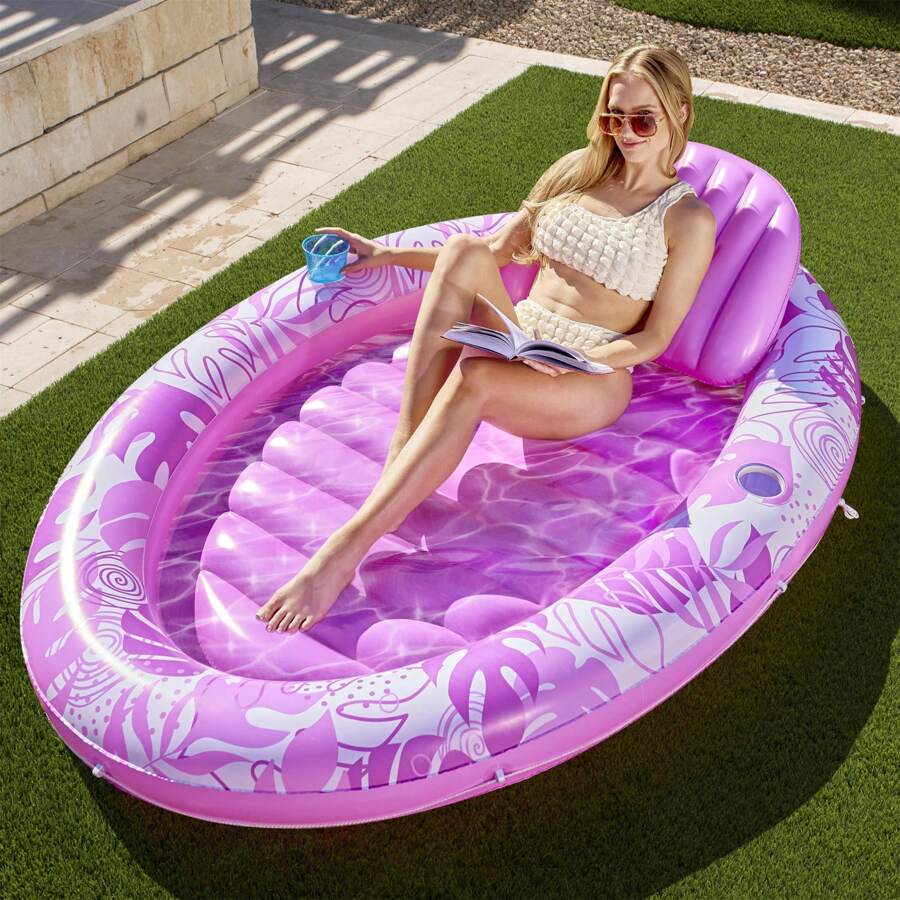 Syncfun Tanning Pool Lounger Float, Luxury Fabric Large Pool Floats Inflatable Lake Float Heavy ...
