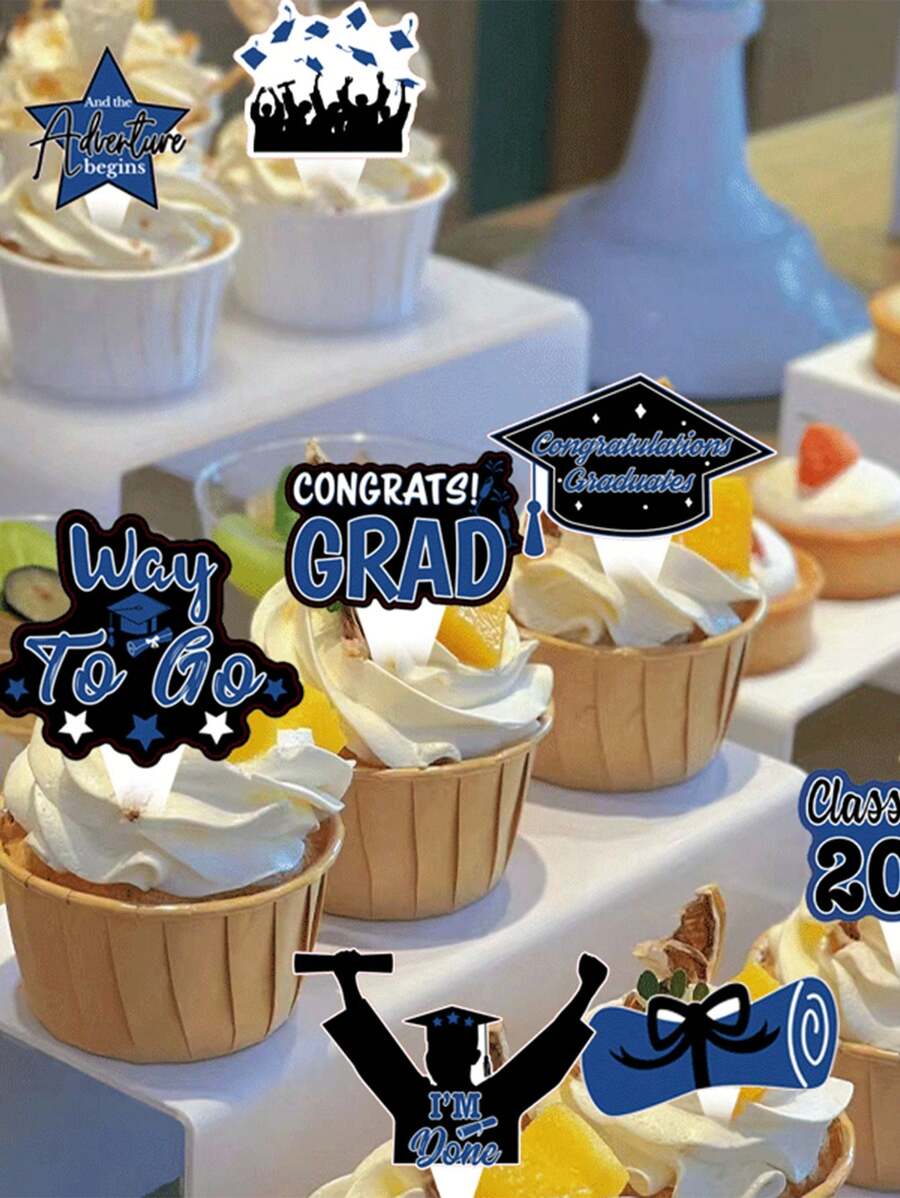 24pcs Graduation Cupcake Toppers Blue Grad Cap Diploma Cupcake Toppers ...