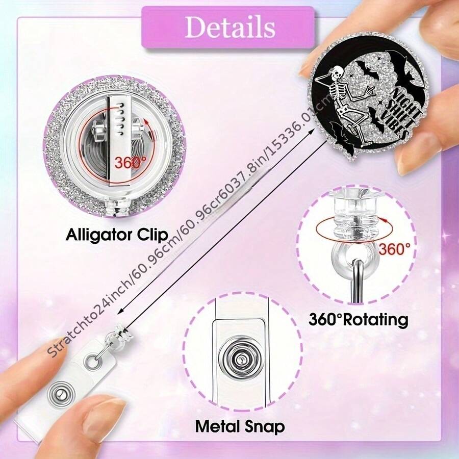 Night Shift Vibes Retractable Silvery Glitter Badge Reel With Clip ...