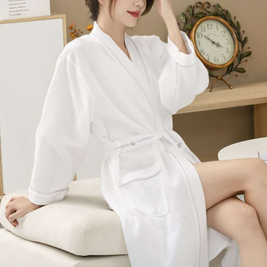 1pc White Waffle Weave Bathrobe, Unisex Spring/Summer Bathrobe, Quick ...