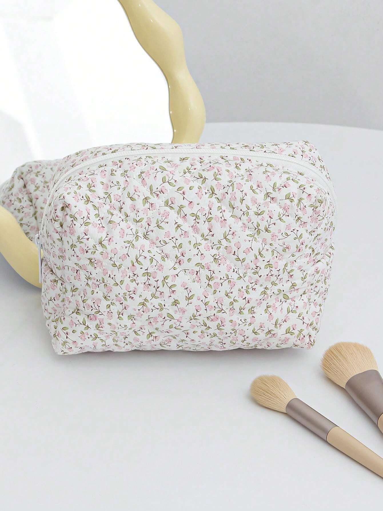 1ps Quilted Flower Makeup Bag Flower Zipper Makeup Bag Cute Print ...