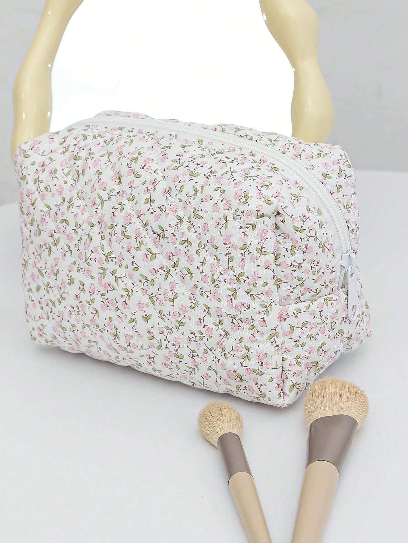 1ps Quilted Flower Makeup Bag Flower Zipper Makeup Bag Cute Print ...