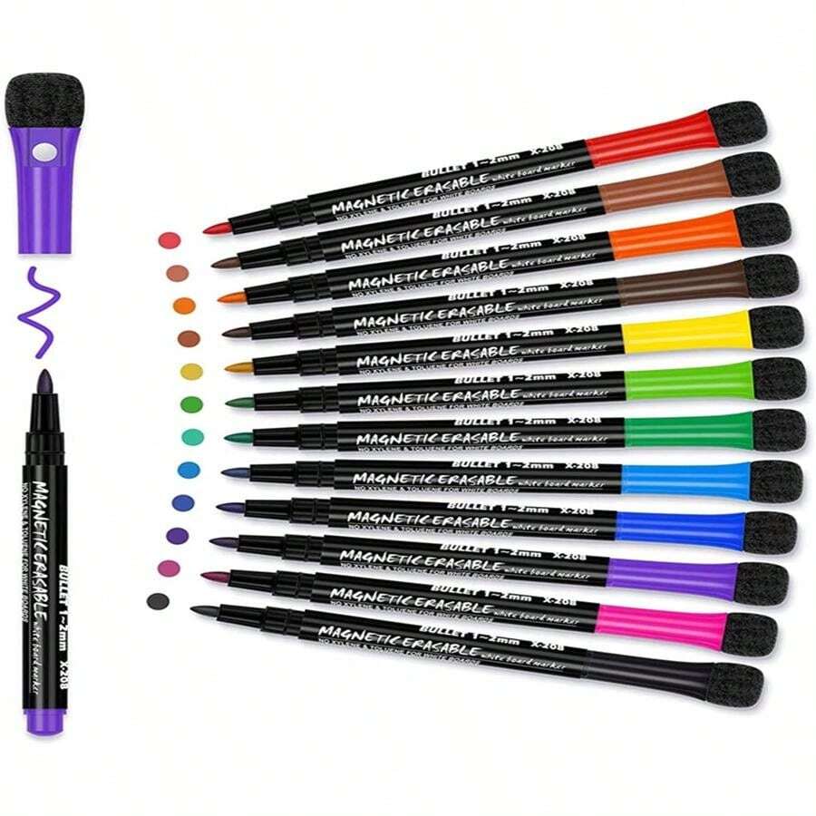 12pcs Whiteboard Marker Pens With Eraser, Water-Based, , Multicolors ...