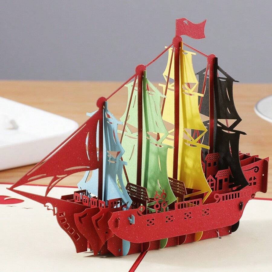 3D Colorful Sailing Ship Model Greeting Card, Smooth Sailing Creative ...