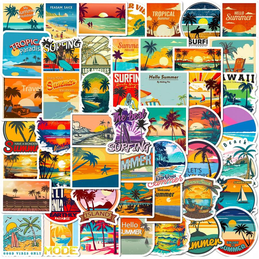 50pcs Retro Beach Stickers Summer Graffiti Personalized Decals Hawaii ...