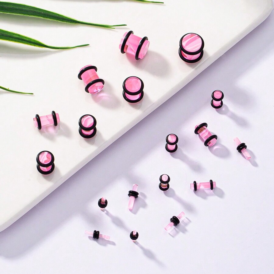 9 Pairs/Set Synthetic Resin Ear Gauges Tapers & Plugs Pink With Leather ...
