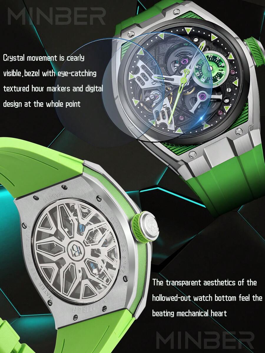 MINBER Skeleton Automatic Watches Luxury Mechanical Men's Wrist Watch ...