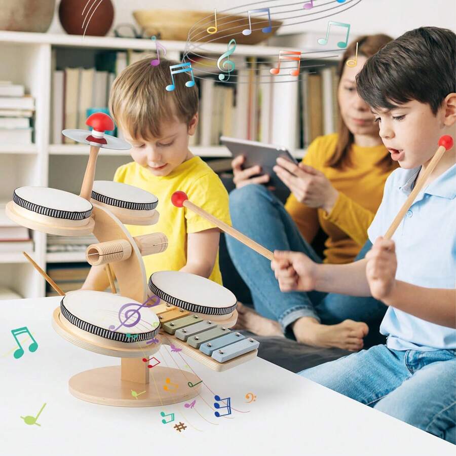 2 Tier Kids Drum Set With Tambourines For Toddlers,Montessori Kids ...