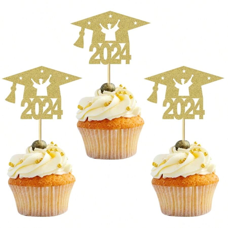 12 PCS 2024 Student Graduation Cupcake Toppers Glitter Graduate Cap ...